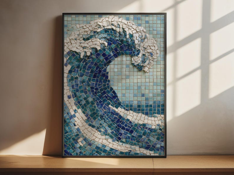 Ocean Wave Wall Art | Blue Mosaic Tile Print | Beach House Decor - Etsy