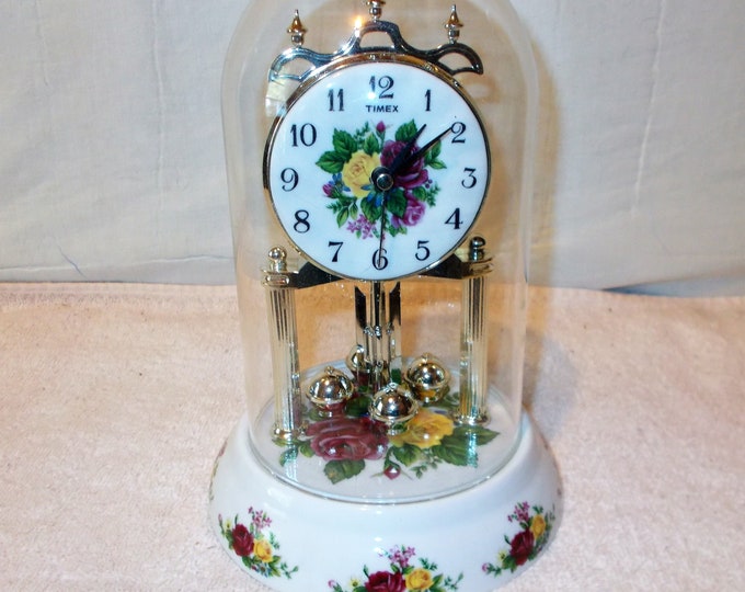 Vintage Timex Anniversary Glass Dome Clock is Porcelain With Pink and ...