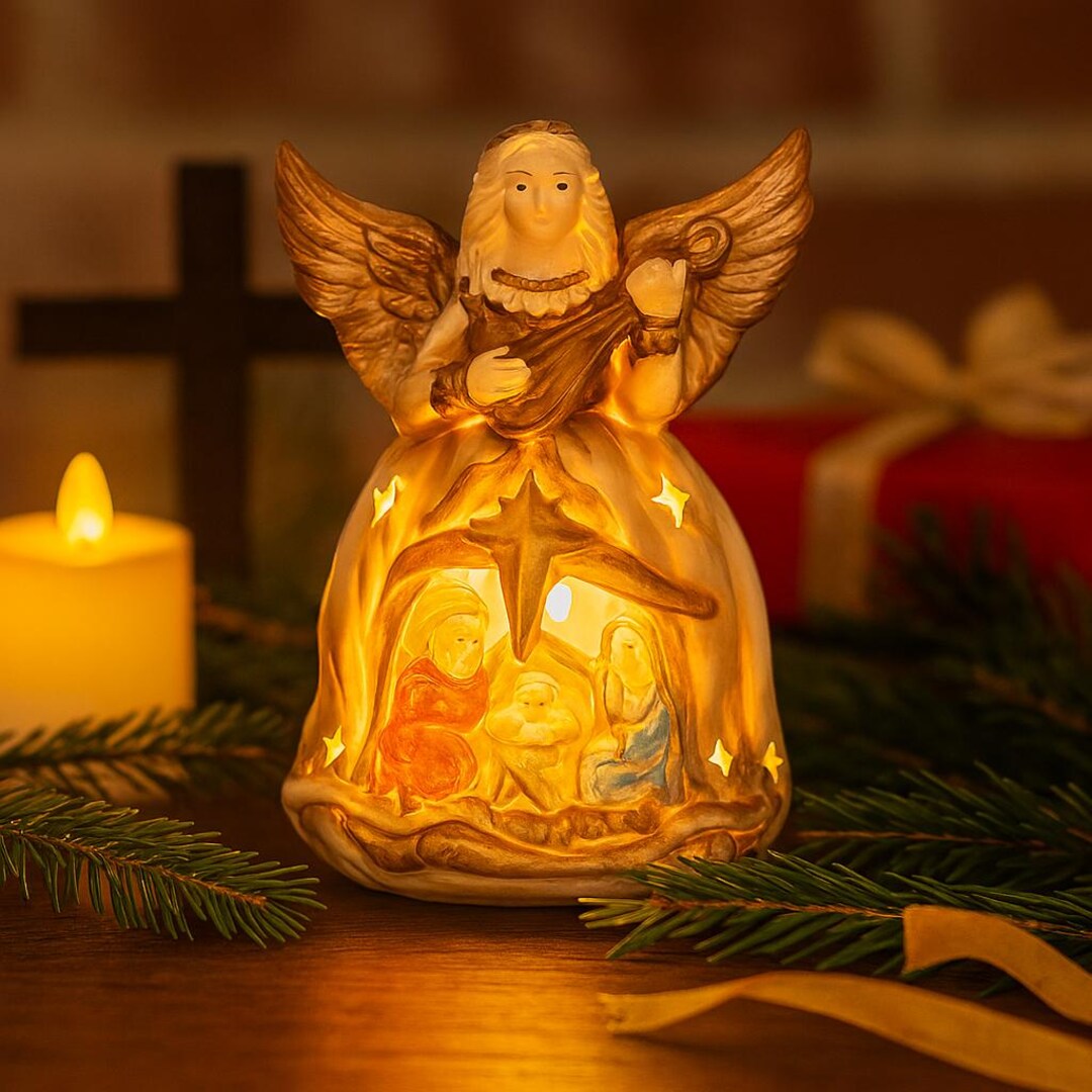 Vintage Angel Light up With Holy Family Nativity Scene a Golden ...