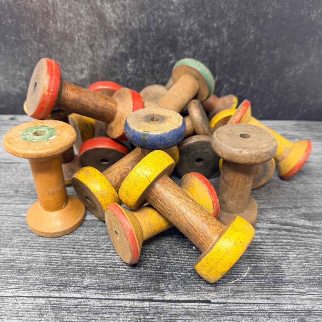 Vintage Small Wood Wooden Spool Rustic Textile Bobbin Decor Handmade 3. ...