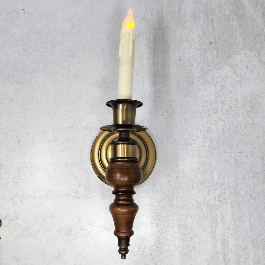 Vintage Farmhouse Wood & Brass Banded Wall Sconce Candle Holders ...