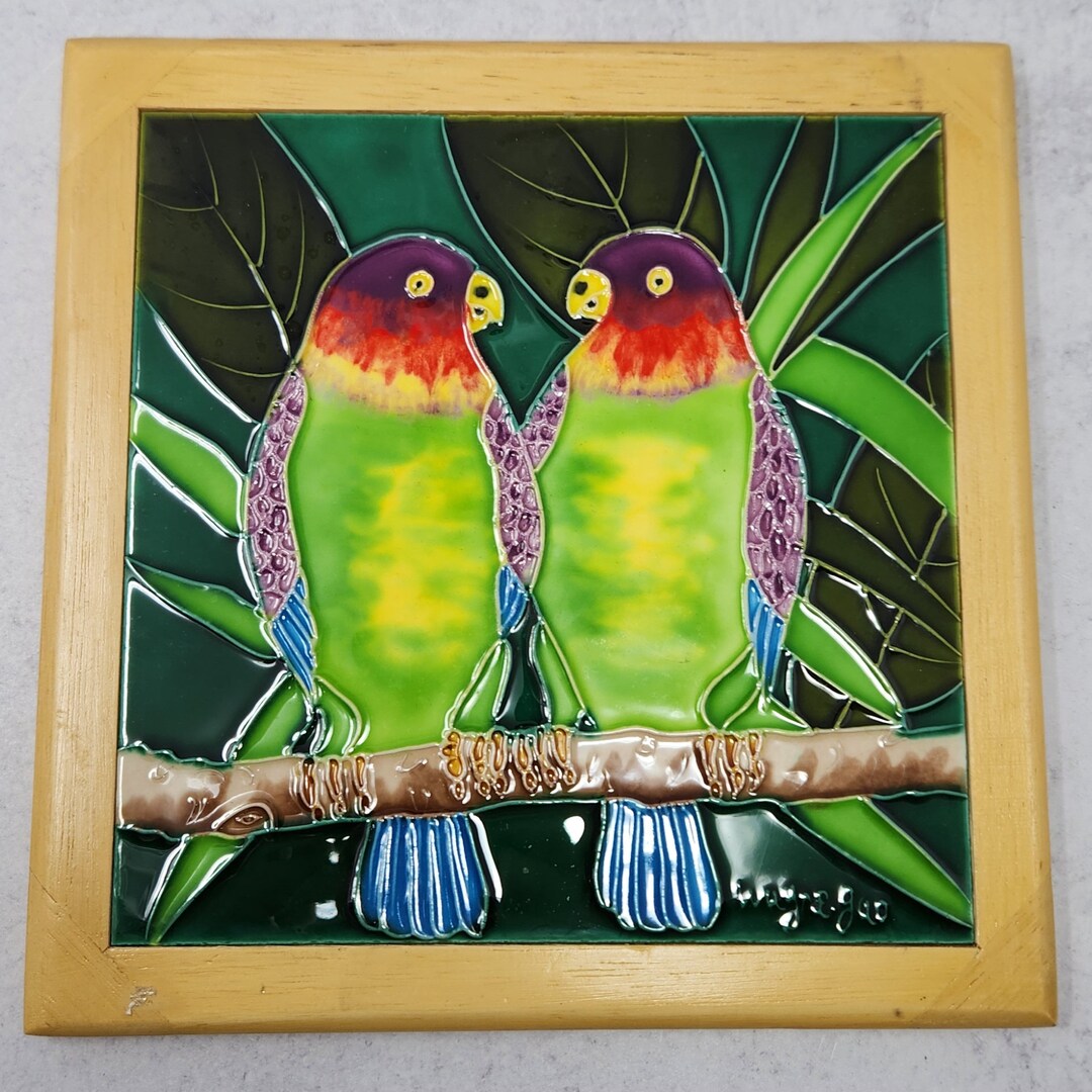 Wayne Gao Raised Art Tile Carved Ceramic 9.25" Square Tropical Birds ...
