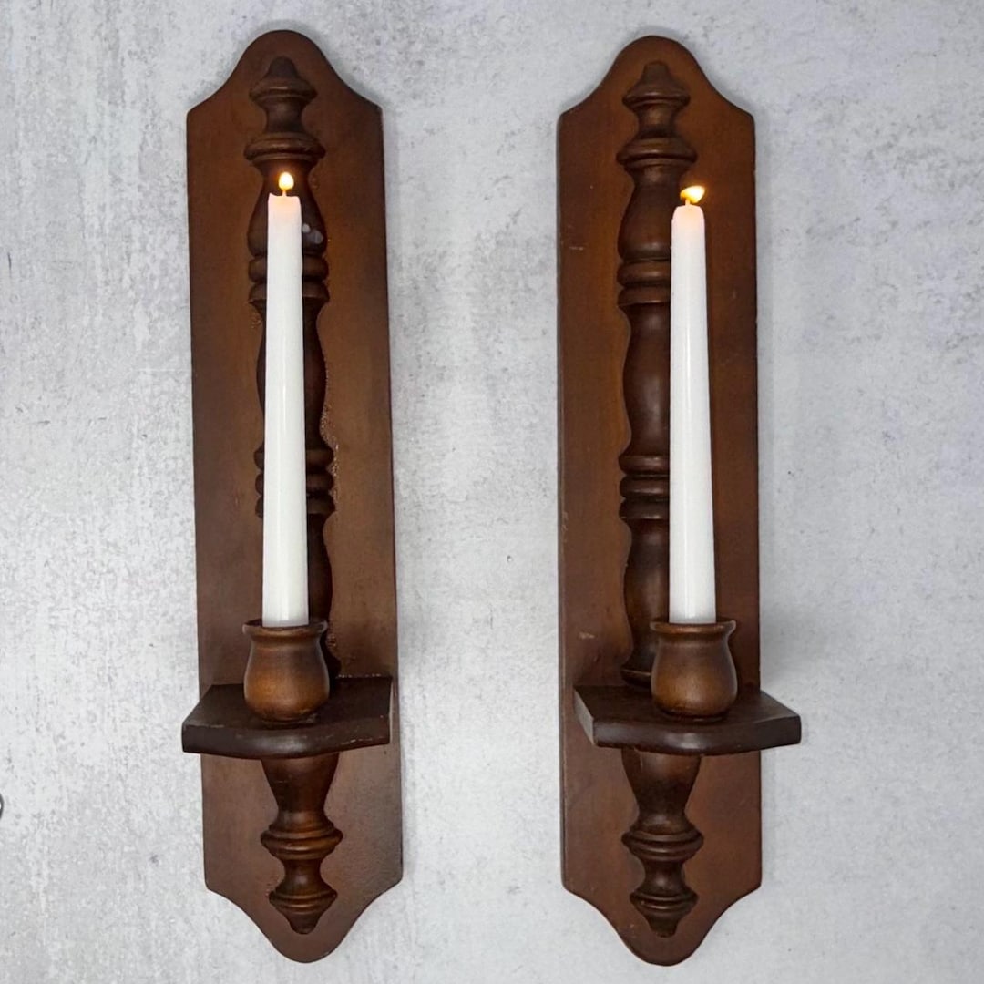 Vintage Wooden Candle Holder Wall Sconces, Tall Sconces With Brass ...