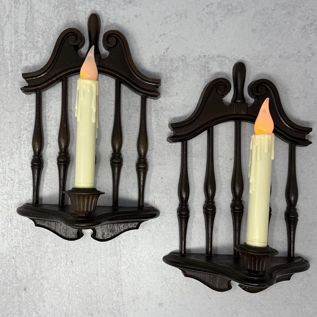 Vintage Pair 1970s Homco Wall Sconces Made in USA Faux Wood, 70s ...