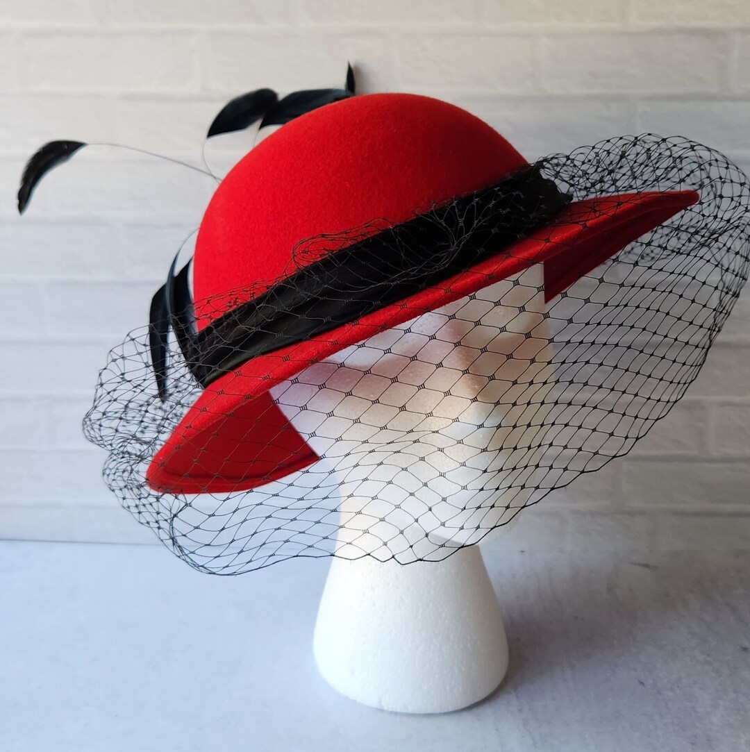 Vintage Michael Howard Ladies Wool Red Black Feathers Miss Bierner Hat ...