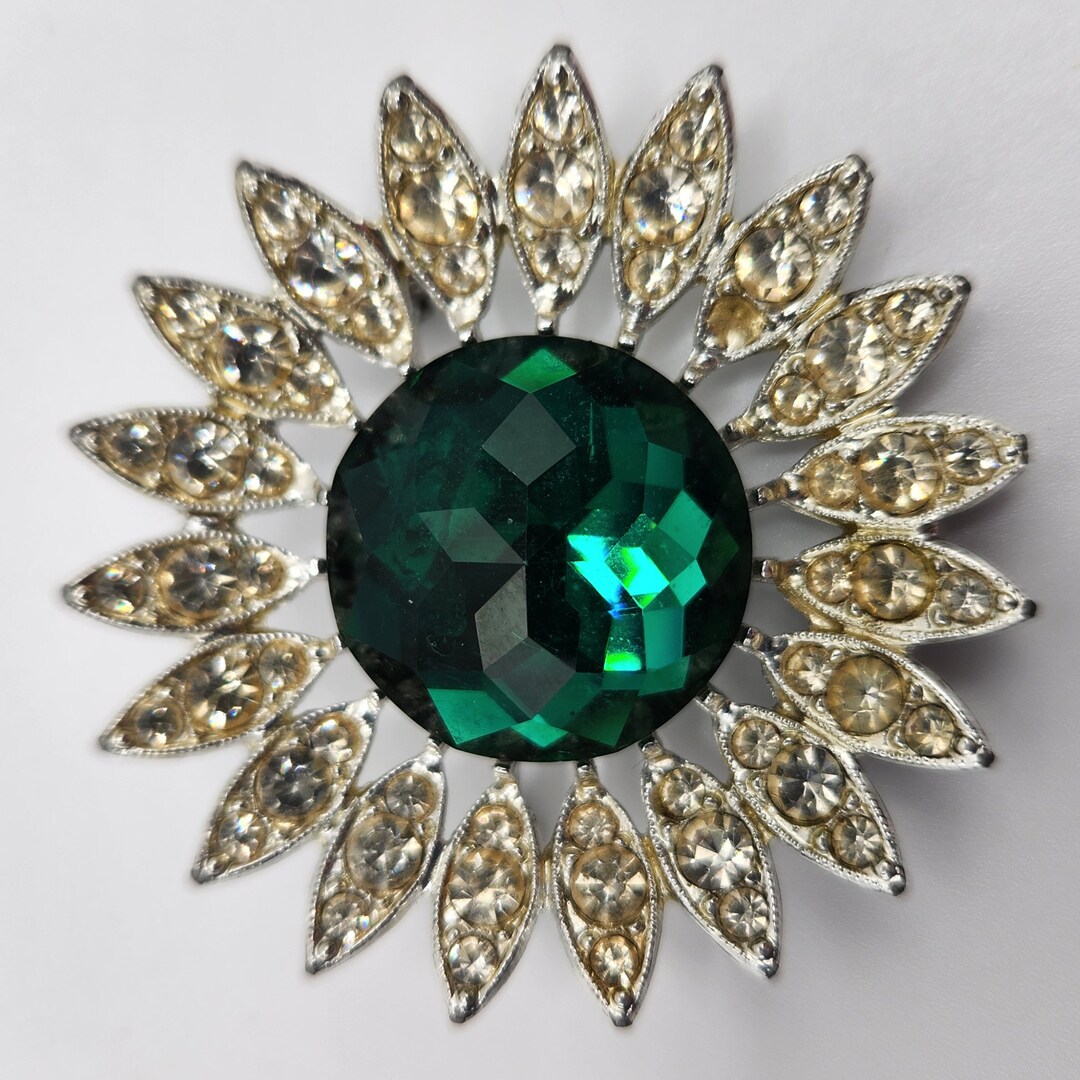 Vintage Sarah Coventry Emerald & Clear Rhinestone Sunflower kathleen ...