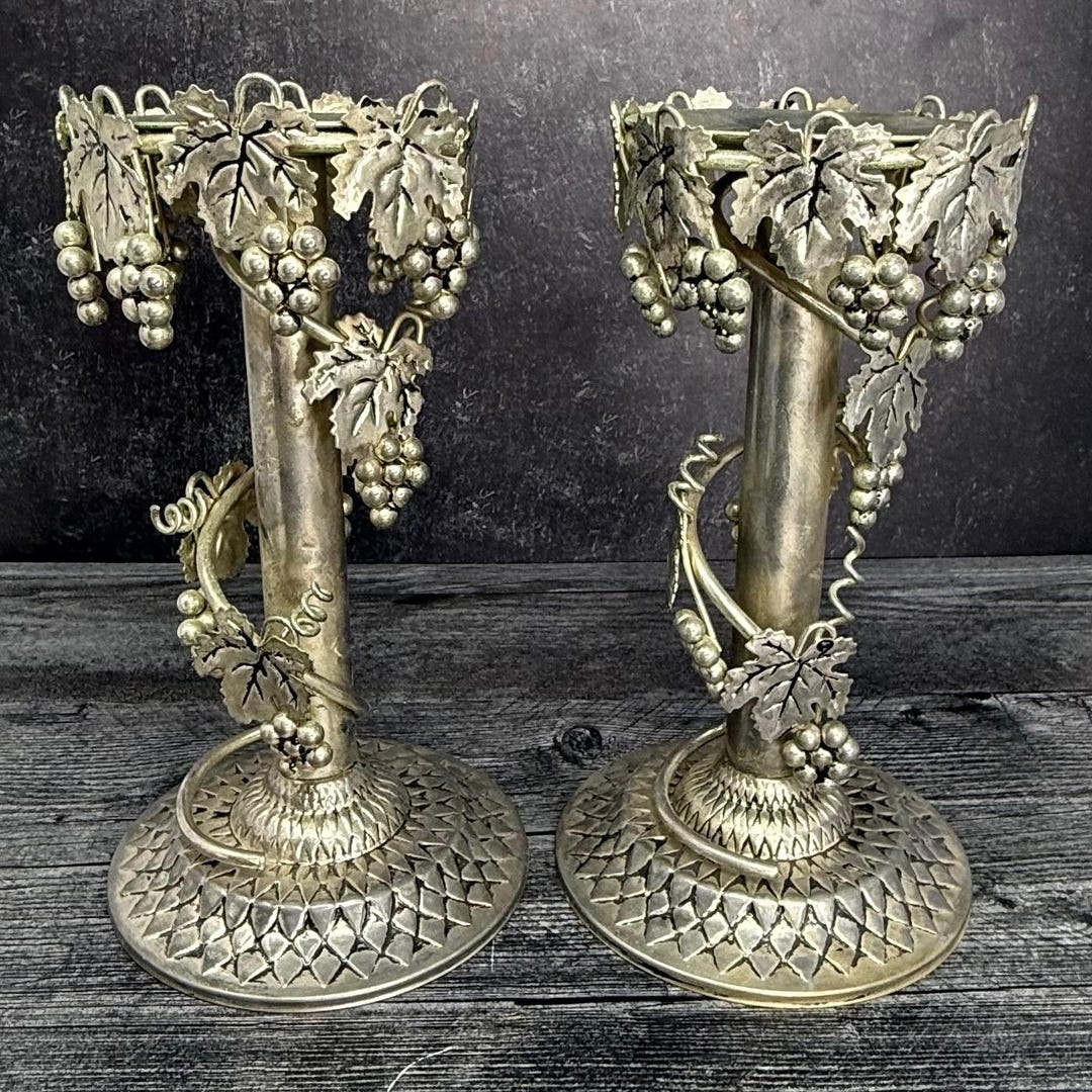 Vintage Candlesticks Candle Holders Ornate Silverplate Grapes Pair ...