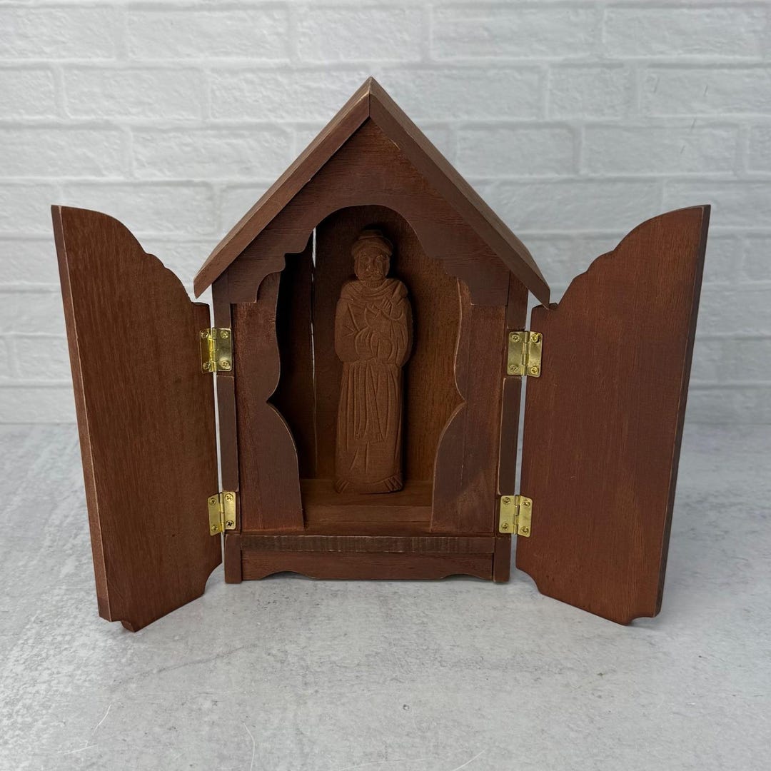 Vintage Hand Carved Wood ST FRANCIS in Hinged Triptych Wood Case House ...