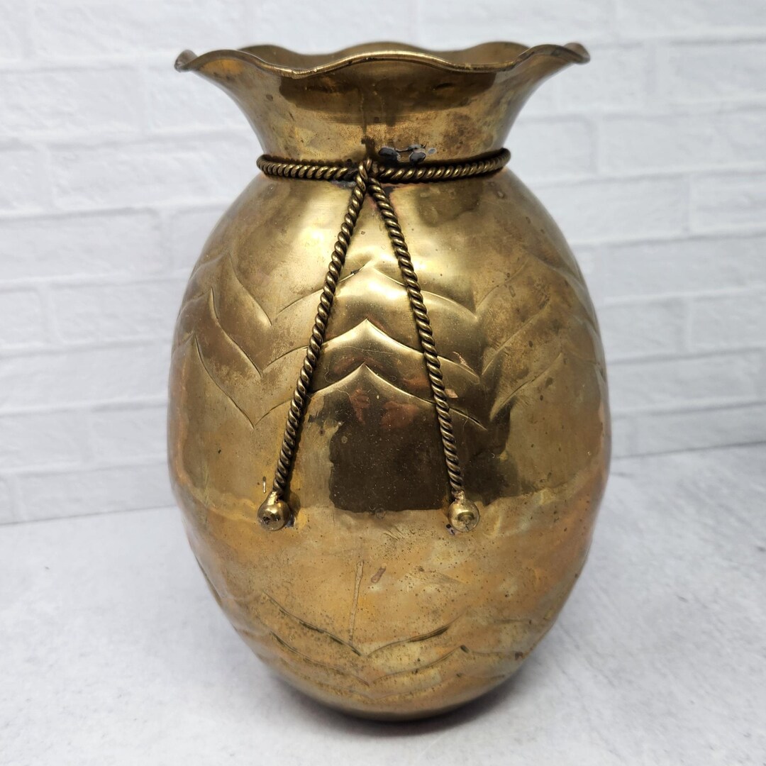 Large 10" Hammered Brass Vase Vases Braided Rope Detail, Decorative ...