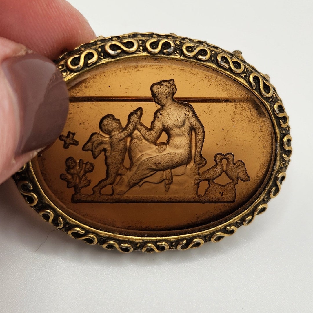 Vintage Cameo Glass Reverse Cut Amber Colored Goddess & Cupid Brooch ...