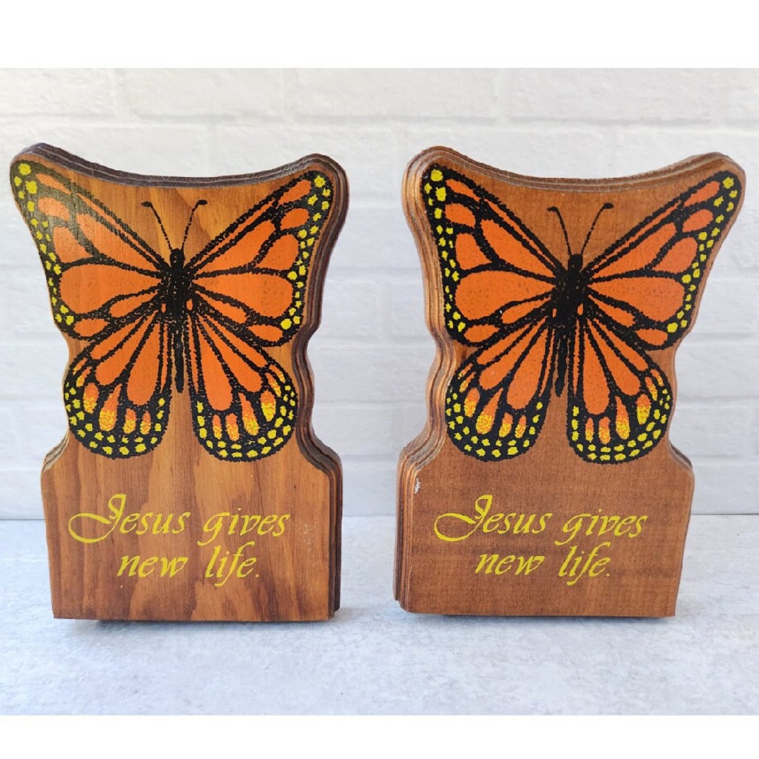 Vintage Wood Wooden Bookends MONARCH BUTTERFLIES, Butterfly Bookend ...