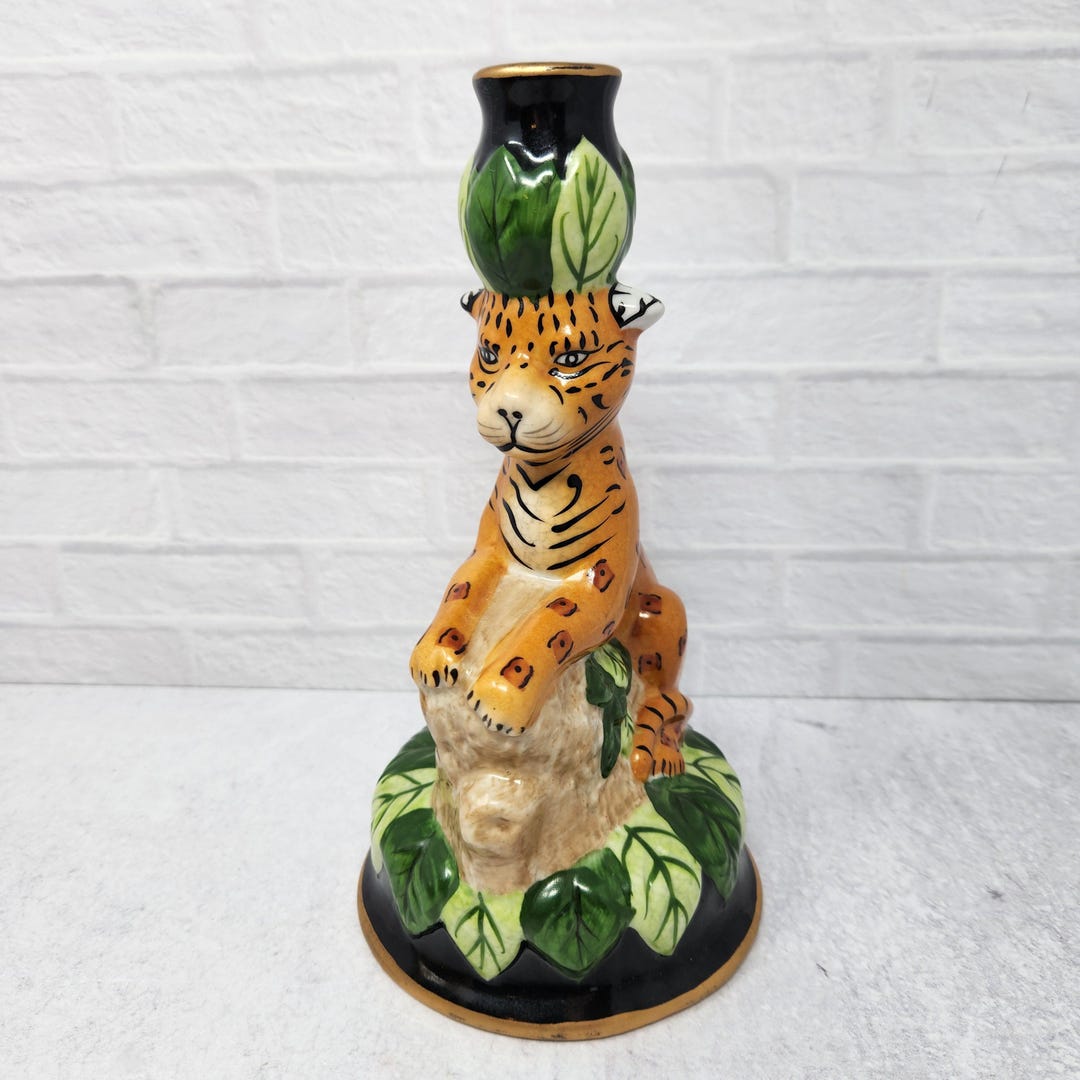 Vintage 9.5" Porcelain Jaguar Leopard Tiger Candle Holder Taper ...