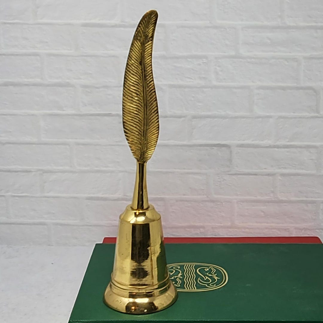 Vintage Solid Brass Long Feather / Quill Bell Table Top Feather Handle ...