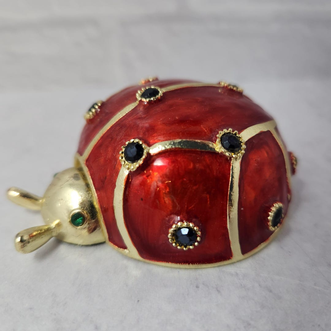 Vintage Bombay Jeweled Red Ladybug Trinket Box Enameled With Austrian ...