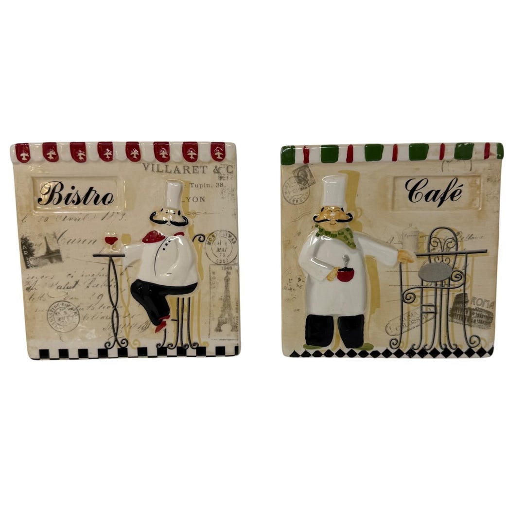 Vintage Set of 2 3D Ceramic Tile Kitchen Wall Plaques French Bistro ...