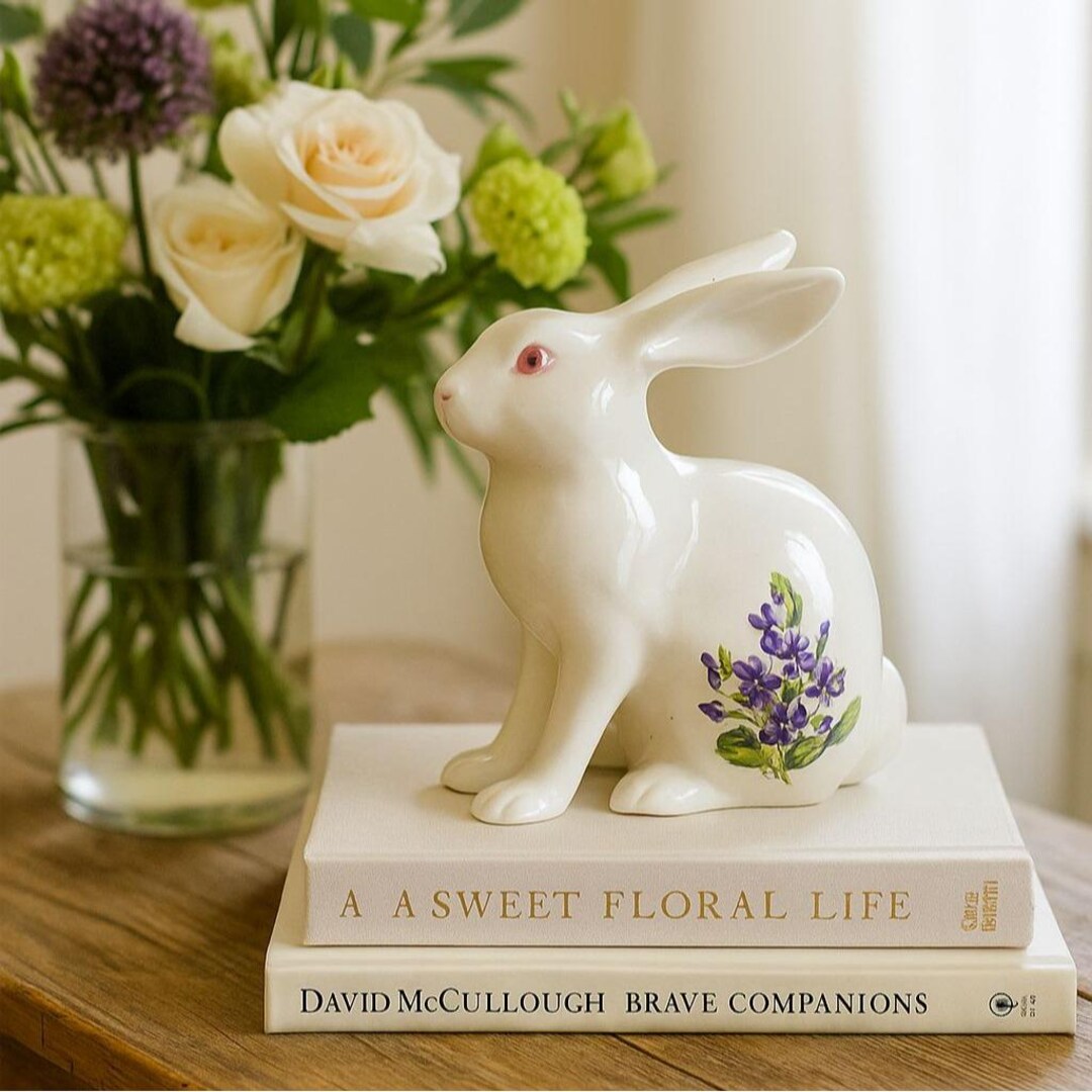 1980s Hand Painted White Rabbit Figurine Purple Violets Flowers Signed ...