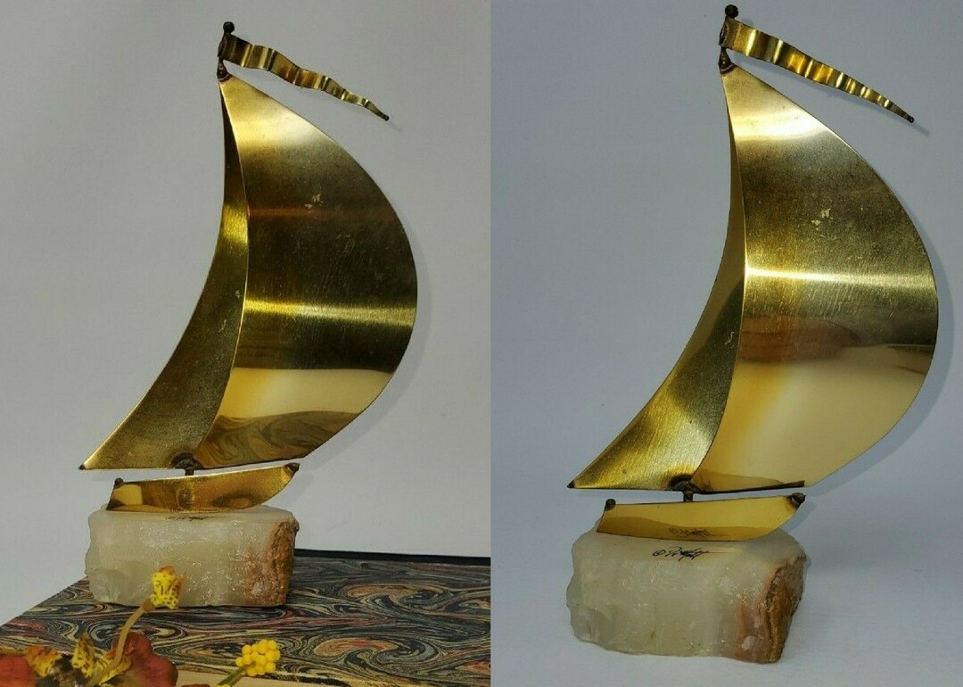 Vintage John Demott Signed Mid Century Brass Sailboat Sculpture Onyx ...