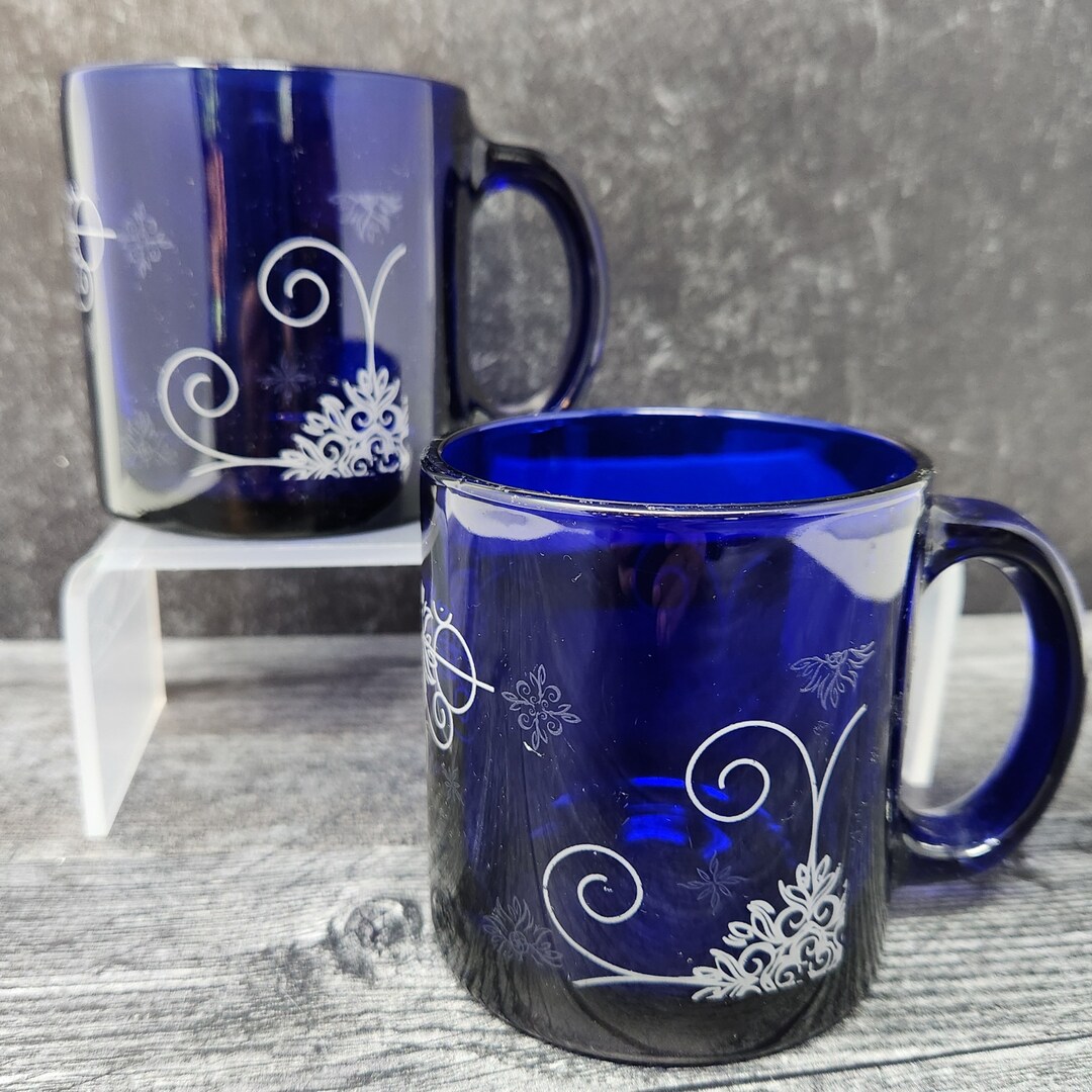 2 Cobalt Blue Glass Coffee Cups, Mug Etched Pattern Made in USA Large ...