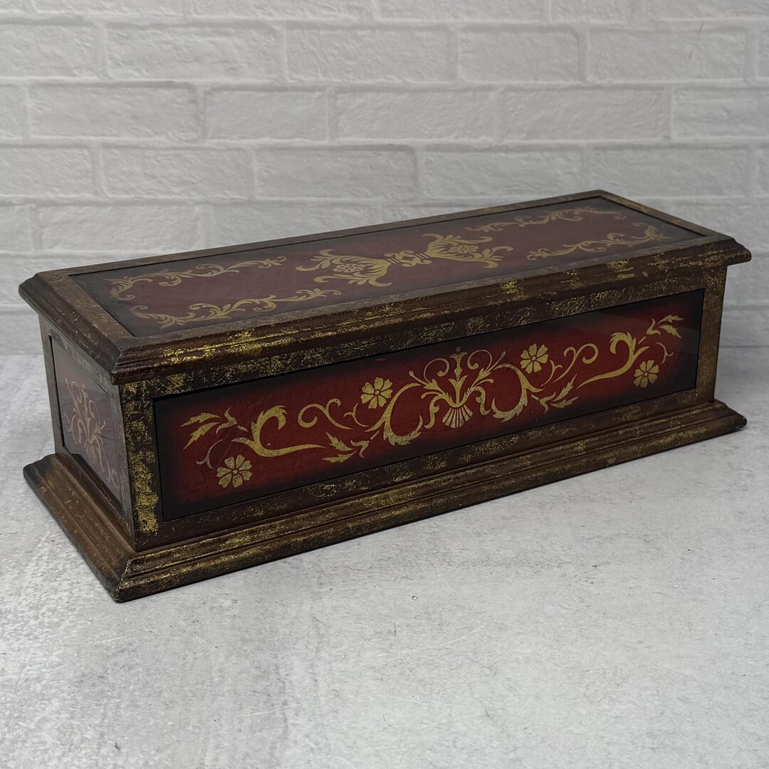 Vintage Wine Coffin / Casket Red & Gold Scroll Floral Wood Box, Bottle ...