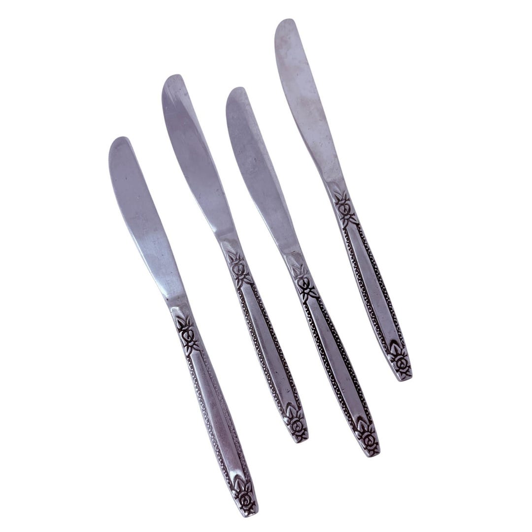 4 Dinner Knives 8 1/2" Knife Rose Border National Stainless Flatware ...