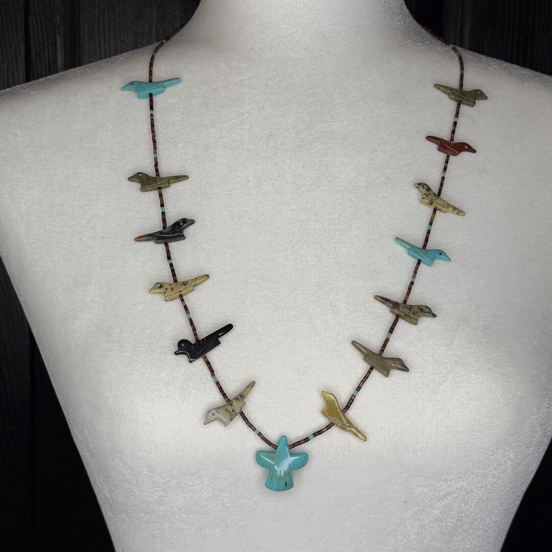 Vintage Zuni Indian Fetish Bird Birds Turquoise Agate Sterling Necklace ...