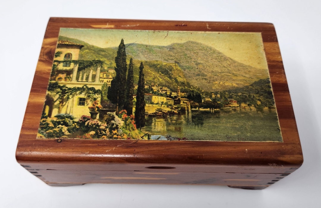 Vintage Cedar Jewelry Trinket Box Decoupage Scene on Lid, Dovetail ...