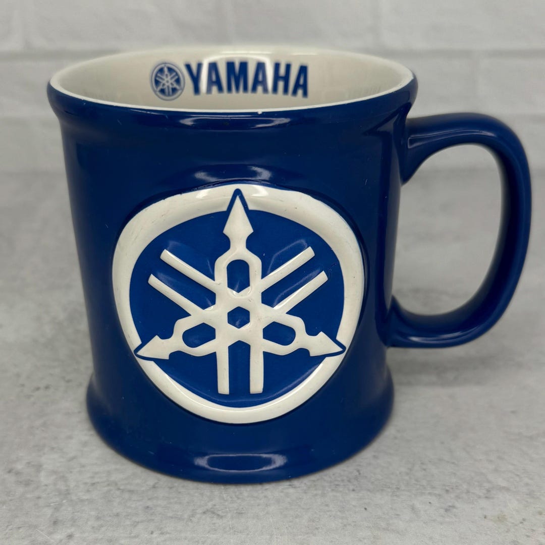 Vintage Large Yamaha Logo Motorcycle Mug Cup Blue White Embossed 3D ...
