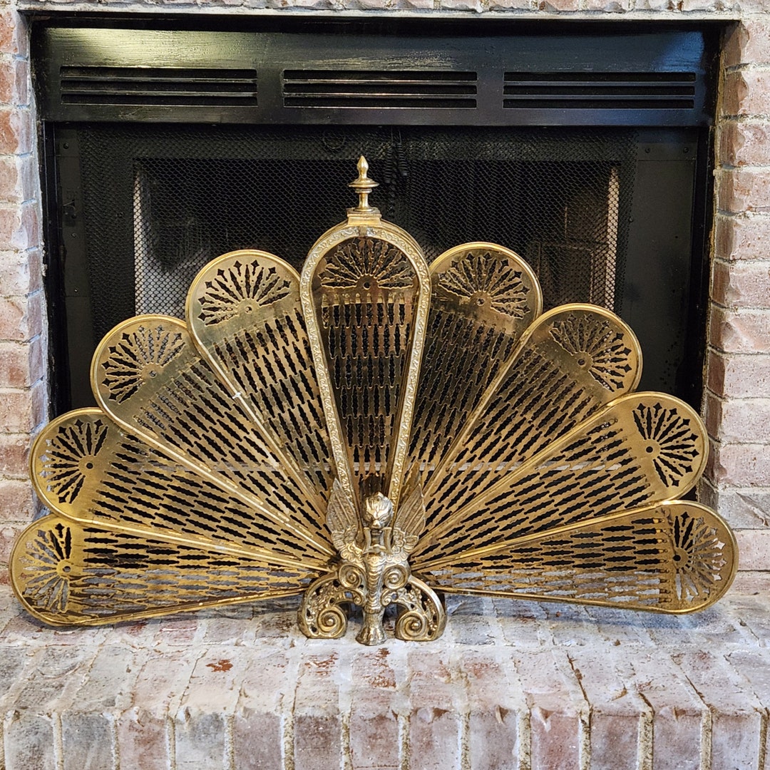 Vintage Brass Peacock Fireplace Screen Cover GRIFFIN Folding Fan Art ...