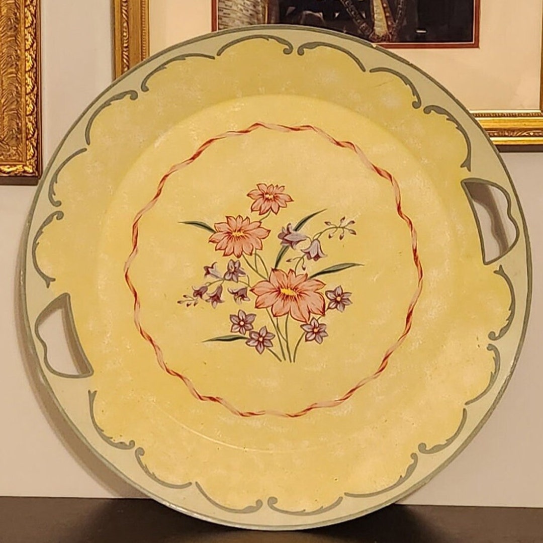 Vintage Round Toleware Hand Painted Tole Yellow Green Pink Lilac Metal ...