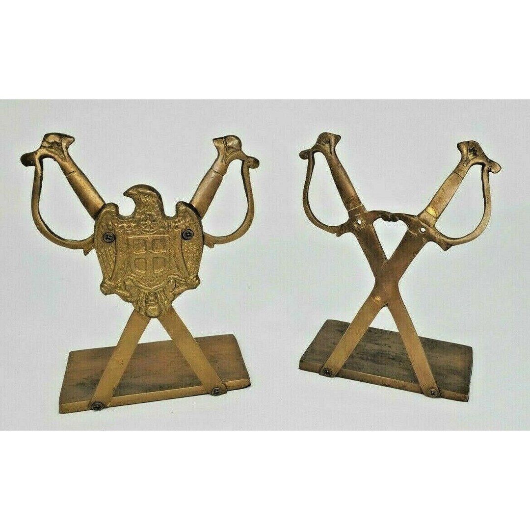 Pair of Vintage Brass Eagle Bookends Crossed Swords Shields PATRIOTIC ...