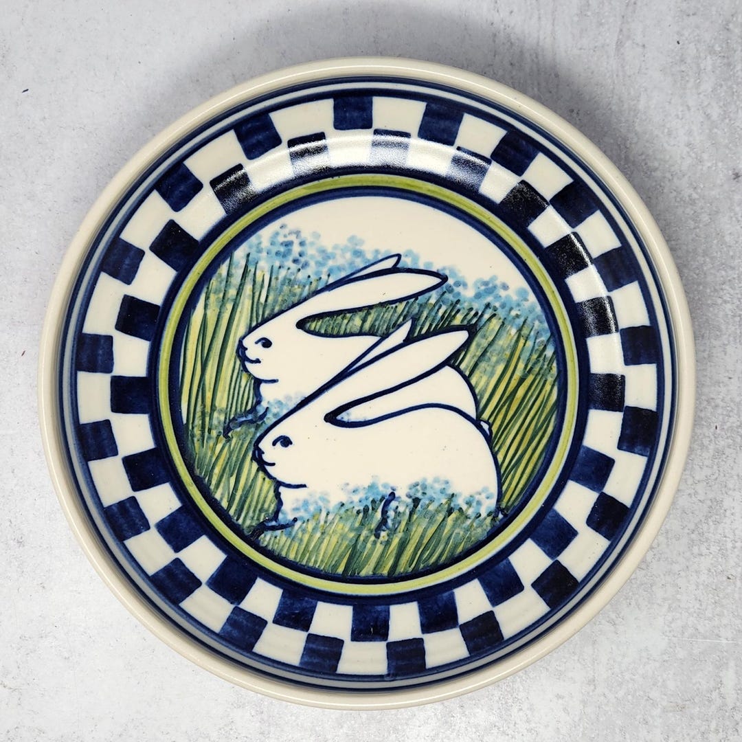 Vintage Debbie Dean Pottery Serving Bowl Rabbits Checkerboard Folk Art ...