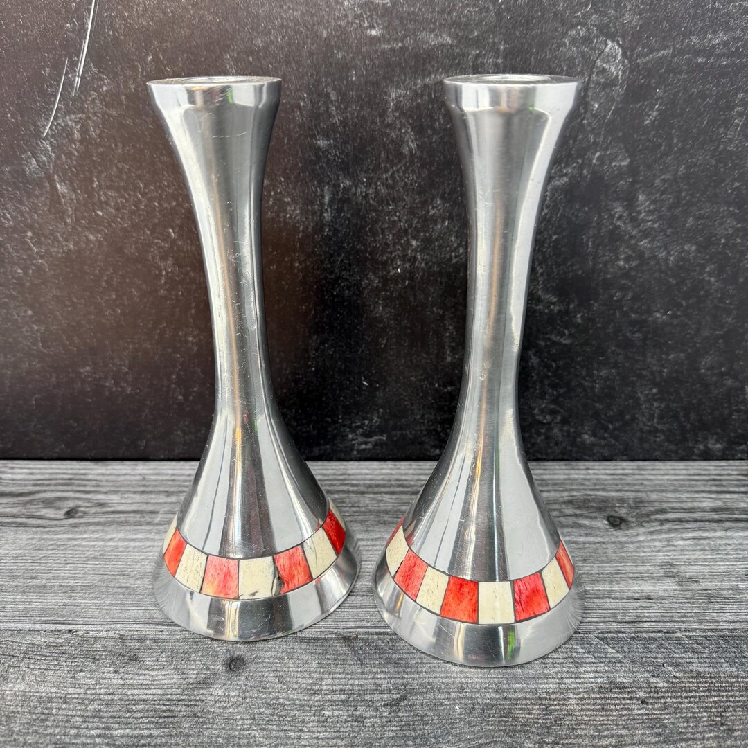 Modern Contemporary Set of Tapered Silver With Red and White Checkers ...
