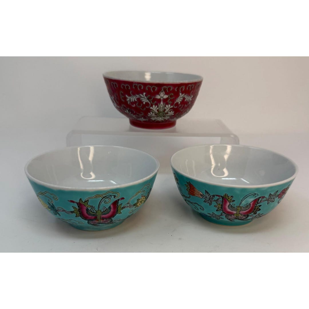 Vintage Set 3 Chinese Bowls 1980s Turquoise Hand Painted Floral ...