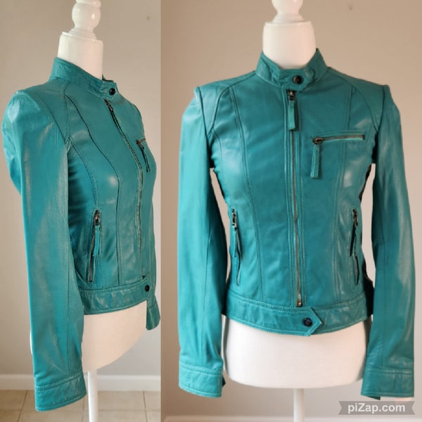 Teal Leather Jacket Women - Etsy