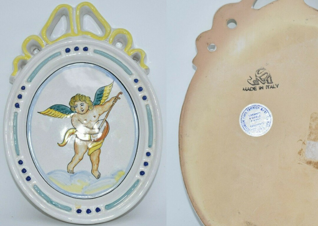 Mario Sambuco Italy Hand Painted Ceramic Wall Plaque Angel Cherub ...