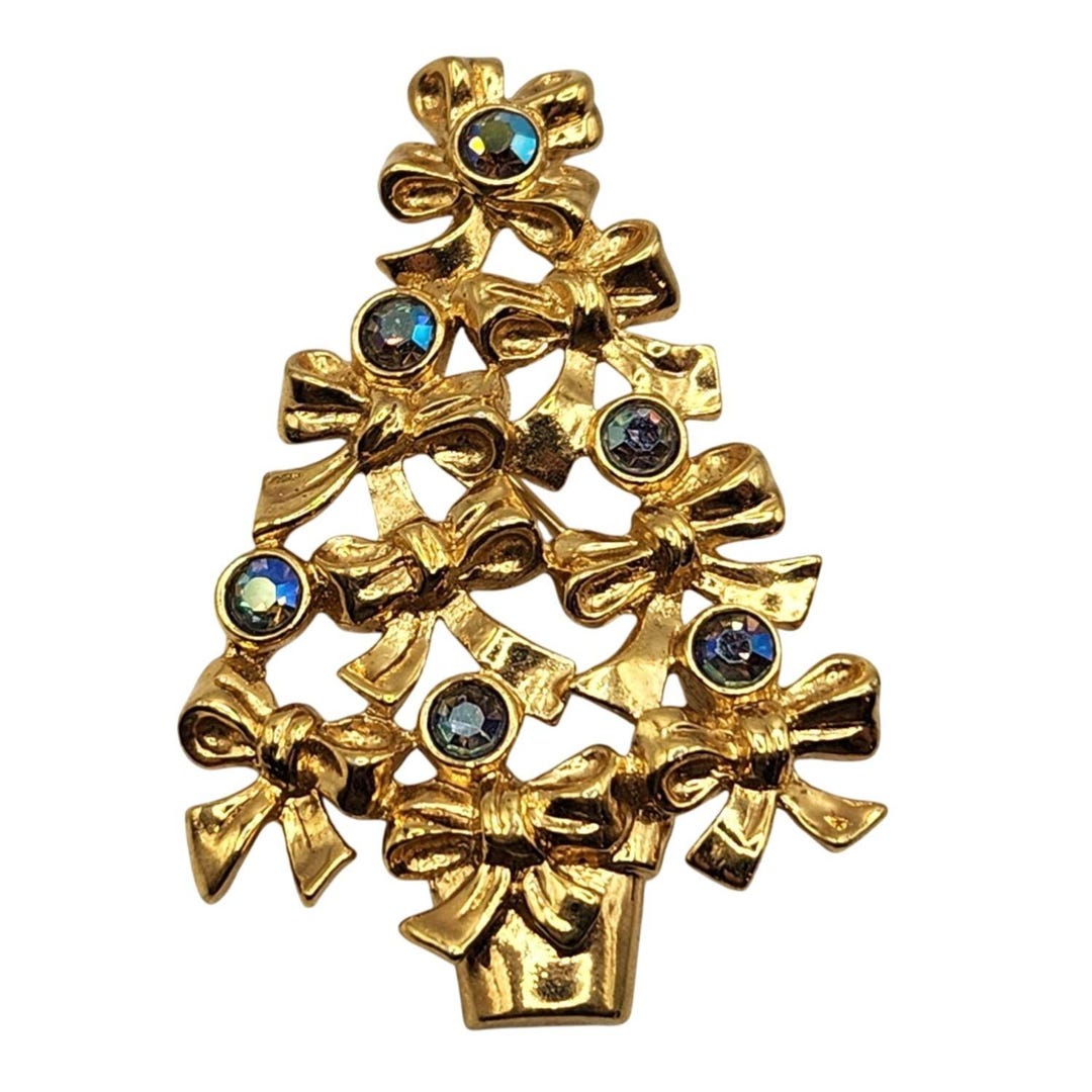 Vintage Avon Christmas Tree Brooch, Gold Tone Bow Tree Pin With Blue AB ...