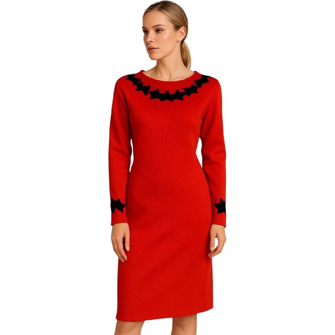 Vintage 1980s Red Sweater Dress Black Velvet Trim XS Small - Etsy