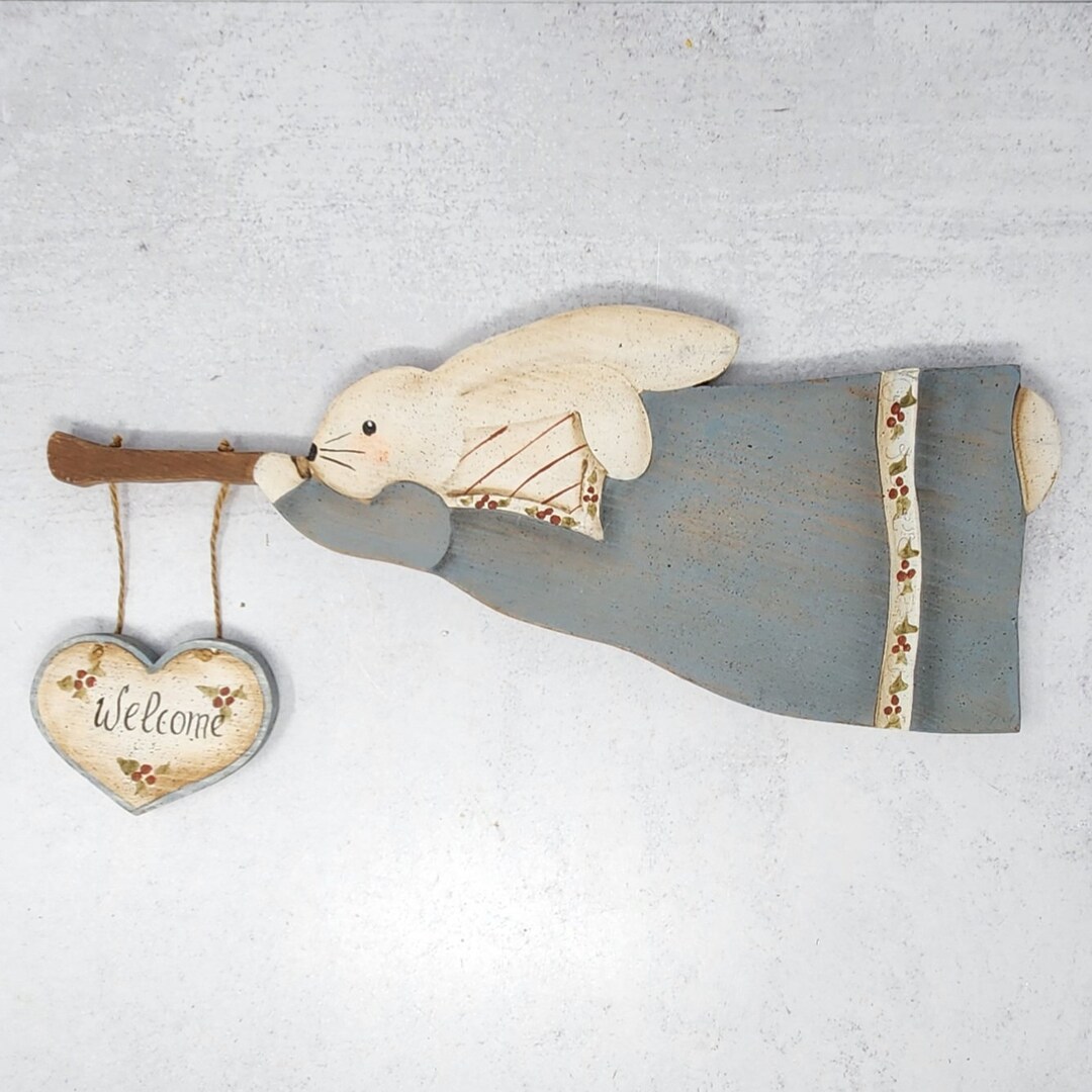 Vintage Hand Painted Wood Rabbit Welcome Sign Folk Art, Farmhouse, Home ...