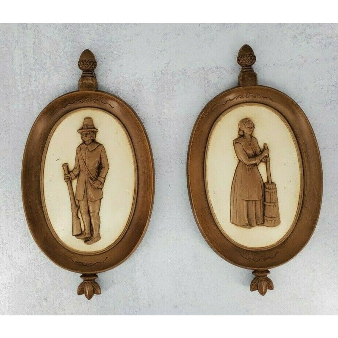 2 Vintage 1960s Syroco Wall Plaques Puritan Pilgrim Man & Wife Hunting ...