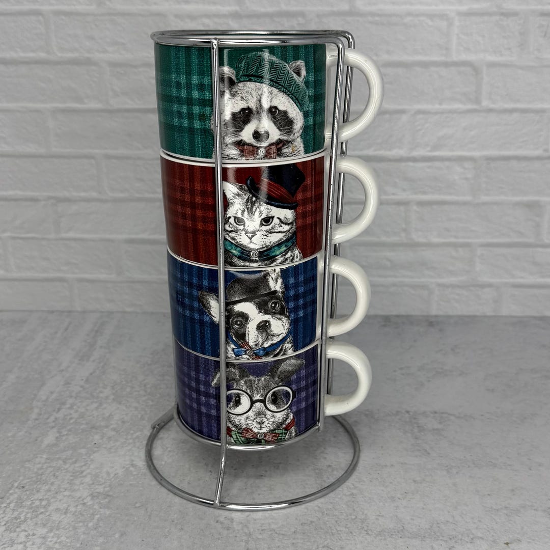 Vintage PIER 1 Stoneware Stackable 4 Coffee Mugs Dog Cat Racoon Rabbit ...