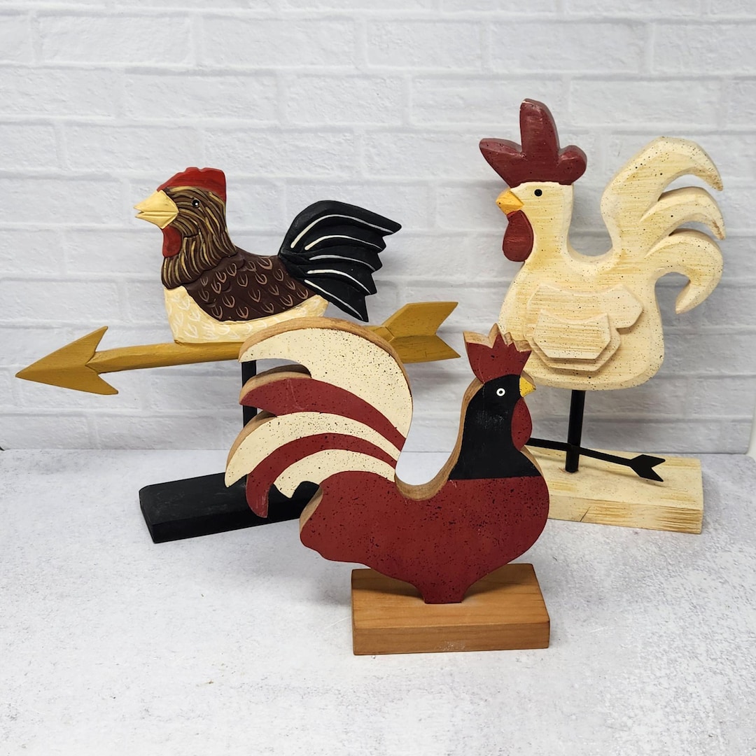 3 Vintage Wooden Folk Art Roosters, Wood Chickens, Carved Painted ...