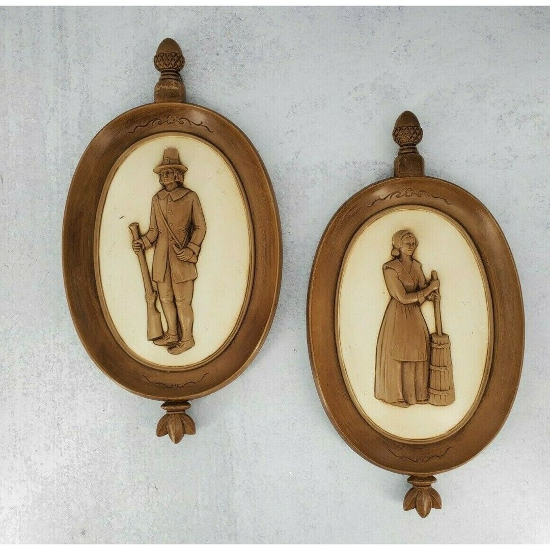 2 Vintage 1960s Syroco Wall Plaques Puritan Pilgrim Man & Wife Hunting ...