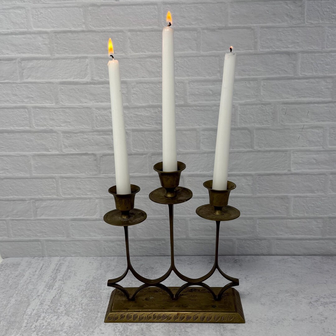 Vintage Etched Solid Brass Candle Holder Candelabra 8” X 7