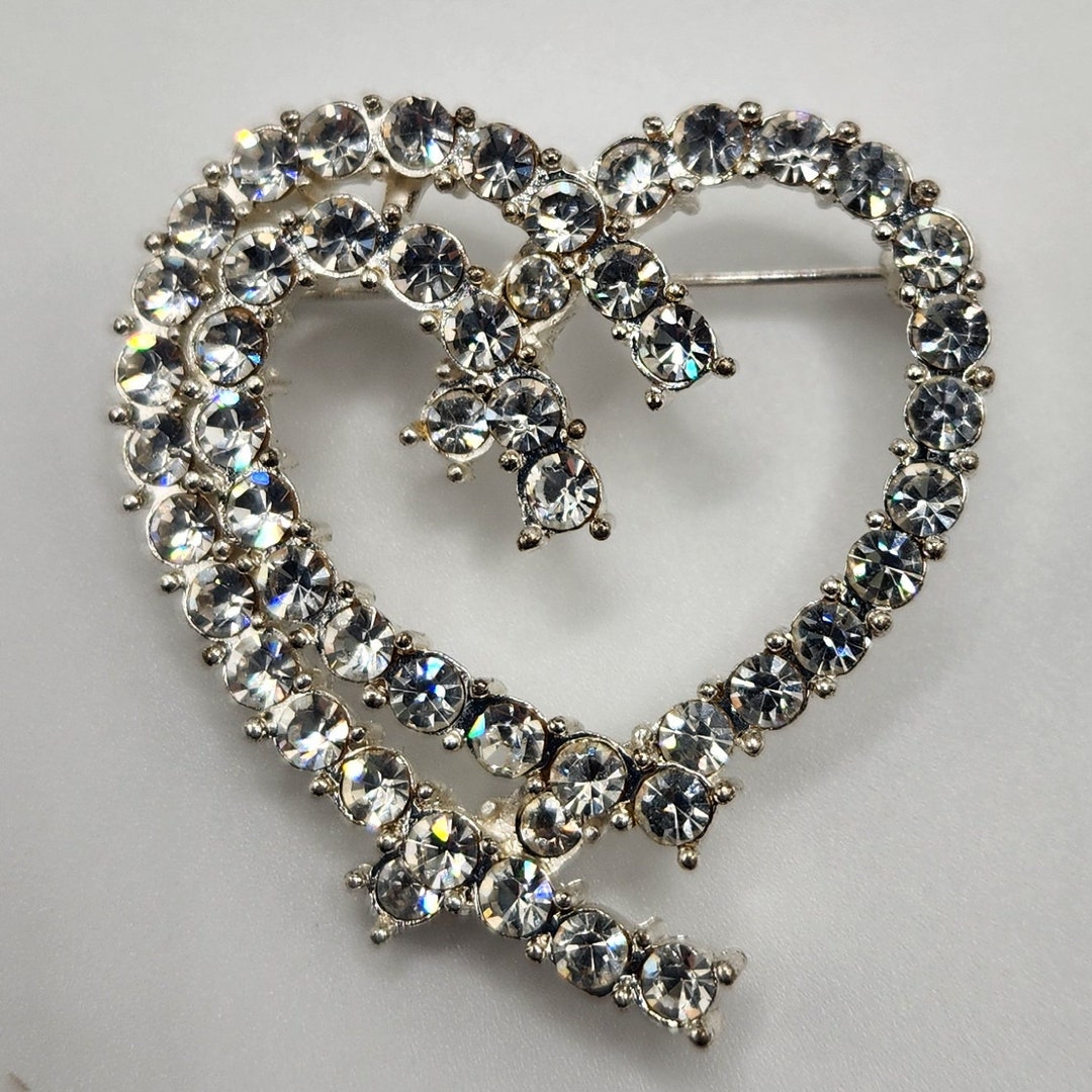 Vintage Heart Brooch, Rhinestone Heart Brooch, Open Heart, Double Heart ...