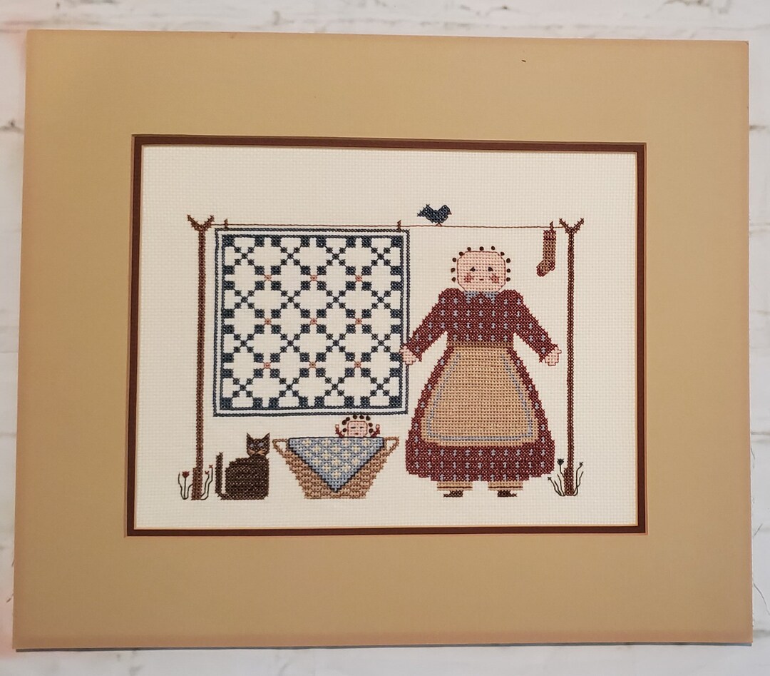 Vintage Completed Cross Stitch Clothesline Quilt Cat Basket Baby ...