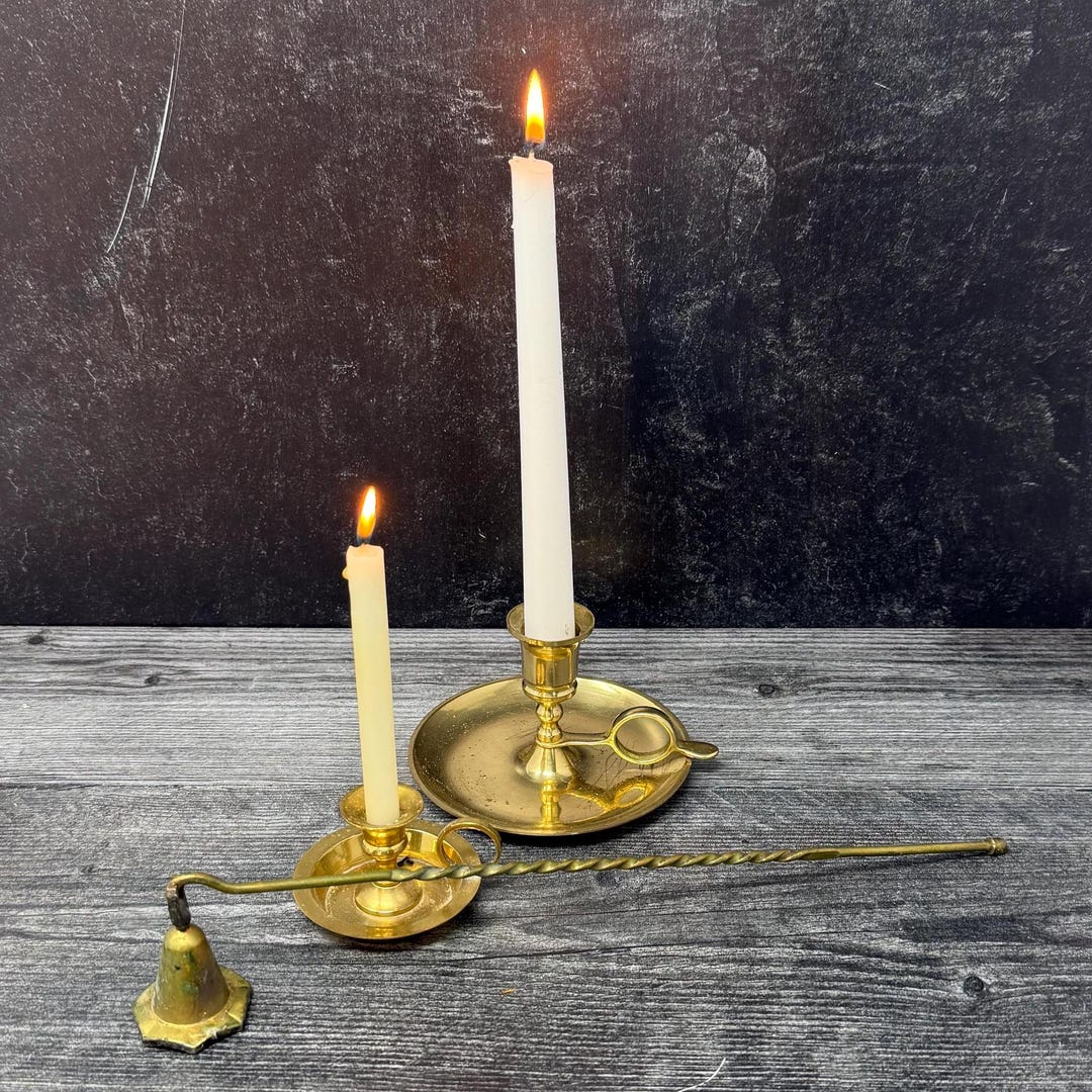 Set 2 Vintage Brass Candlestick Holders Handles & Vintage Brass Candle ...