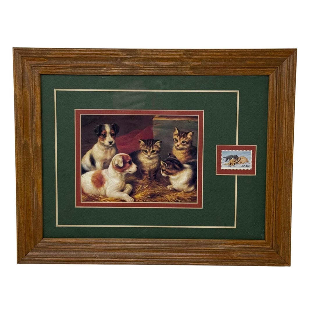 Vintage Puppies & Kittens Edgar Hunt Print 1982 US 13 Cent Stamp Matted ...
