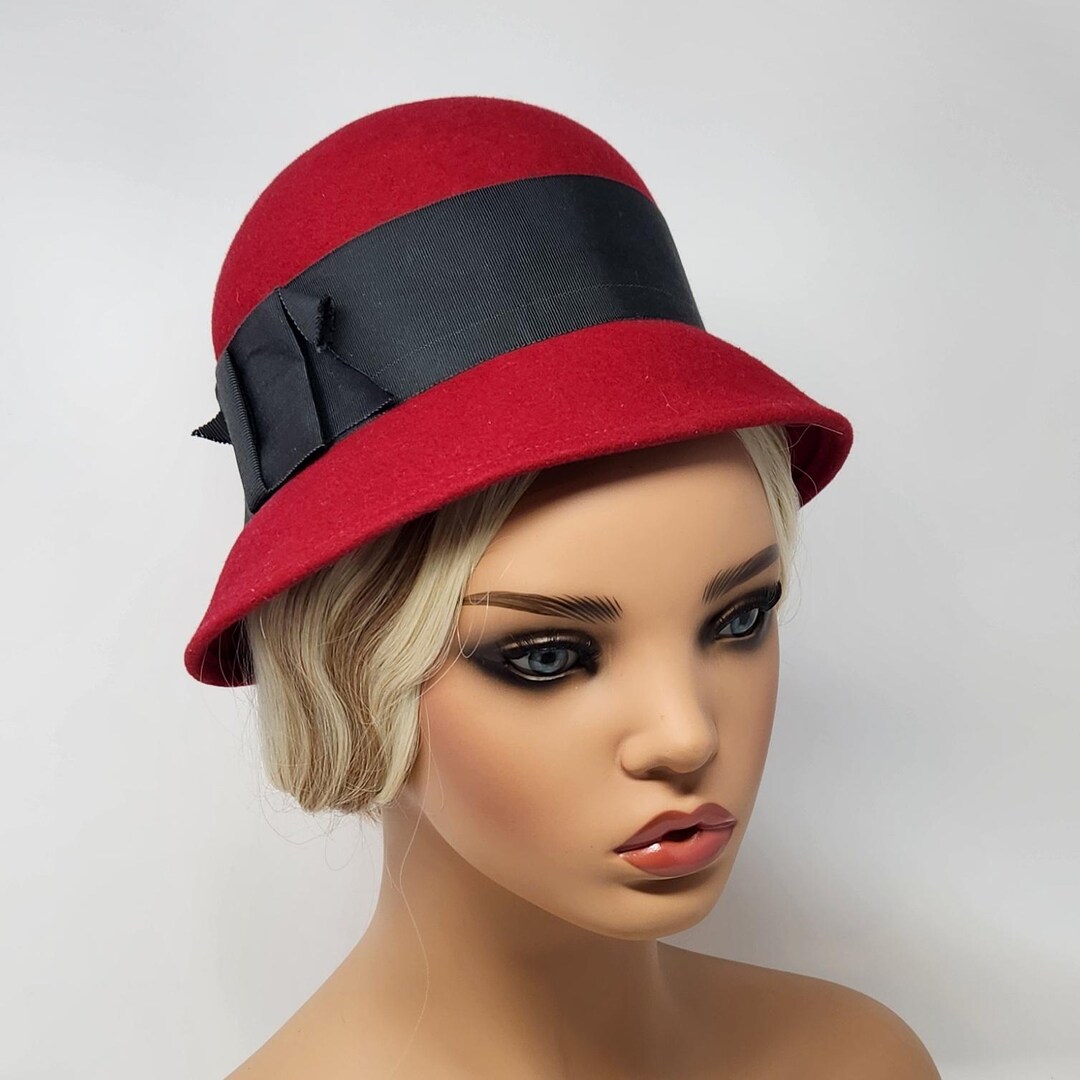Vintage Red Wool Cloche Hat With Black Ribbon Bow for Women Hat Cap ...