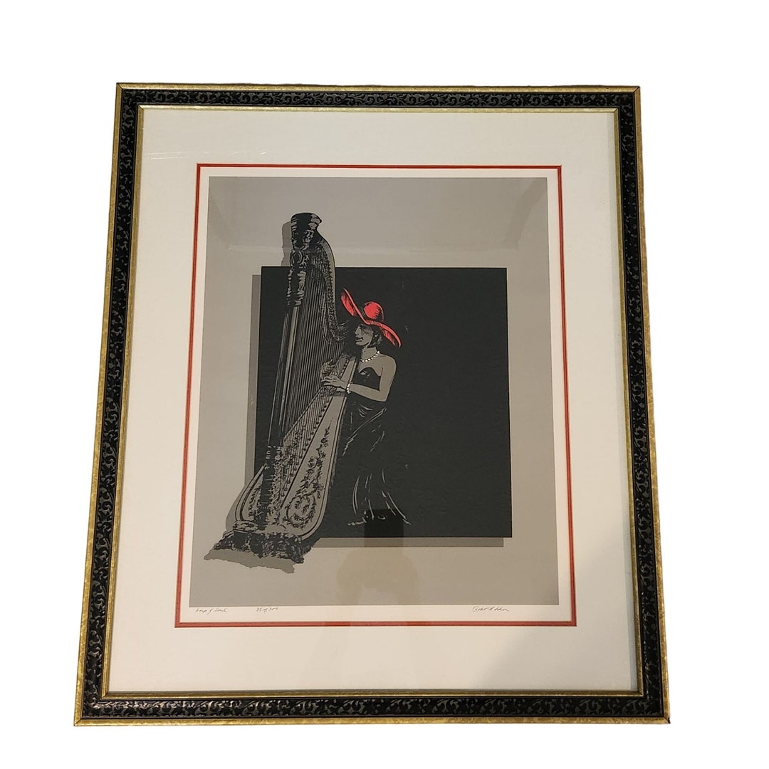 Signed Limited Edition 1980s Lithograph Framed Robert Adam? Harp and ...