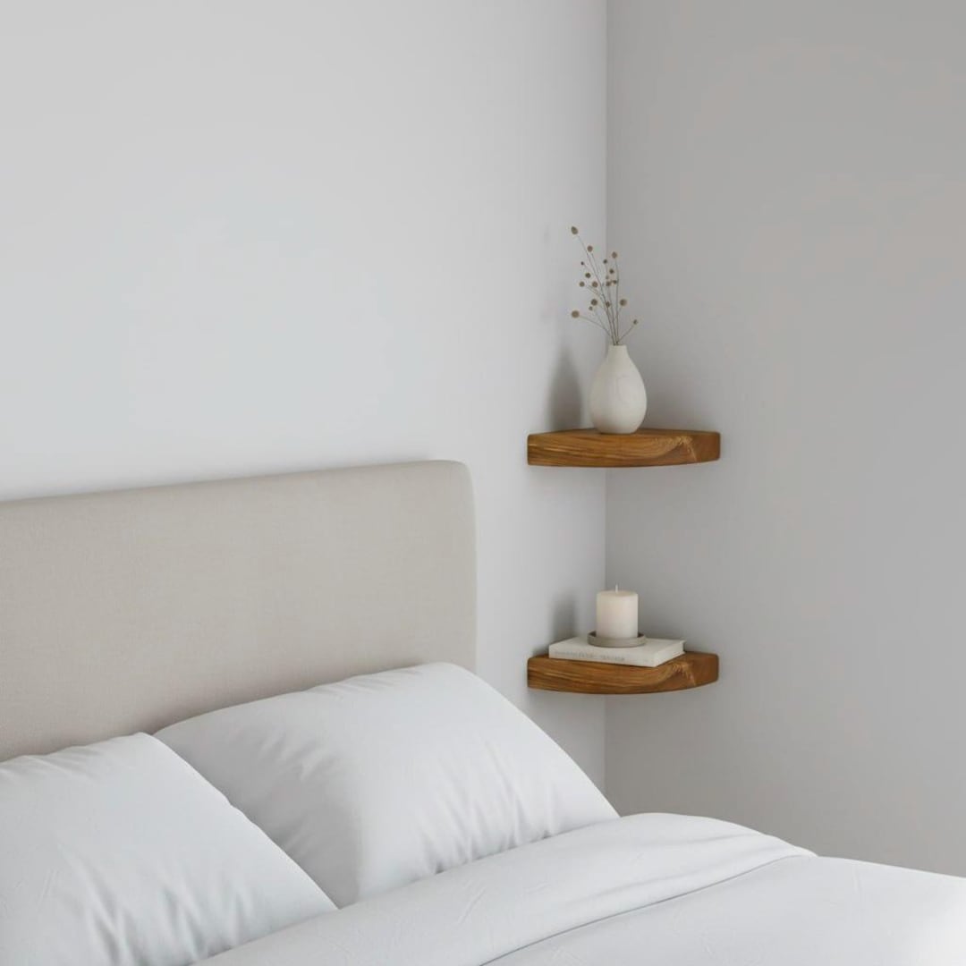 Luxury Floating Oak Corner Shelf, Hidden Bracket Wall Mount, Rounded ...